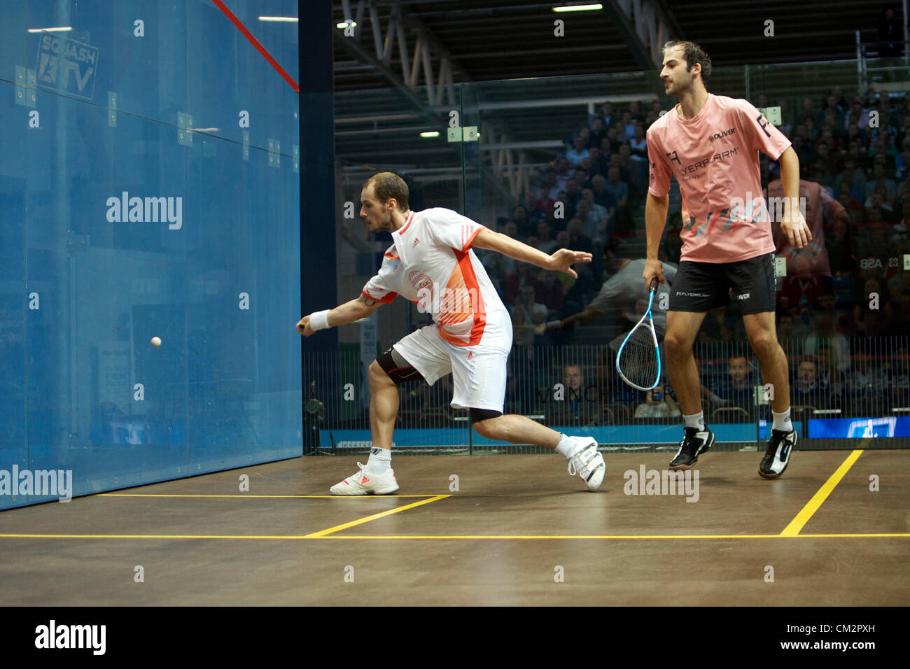 Gregory Gaultier (France) moves to make a forehand return during his ...