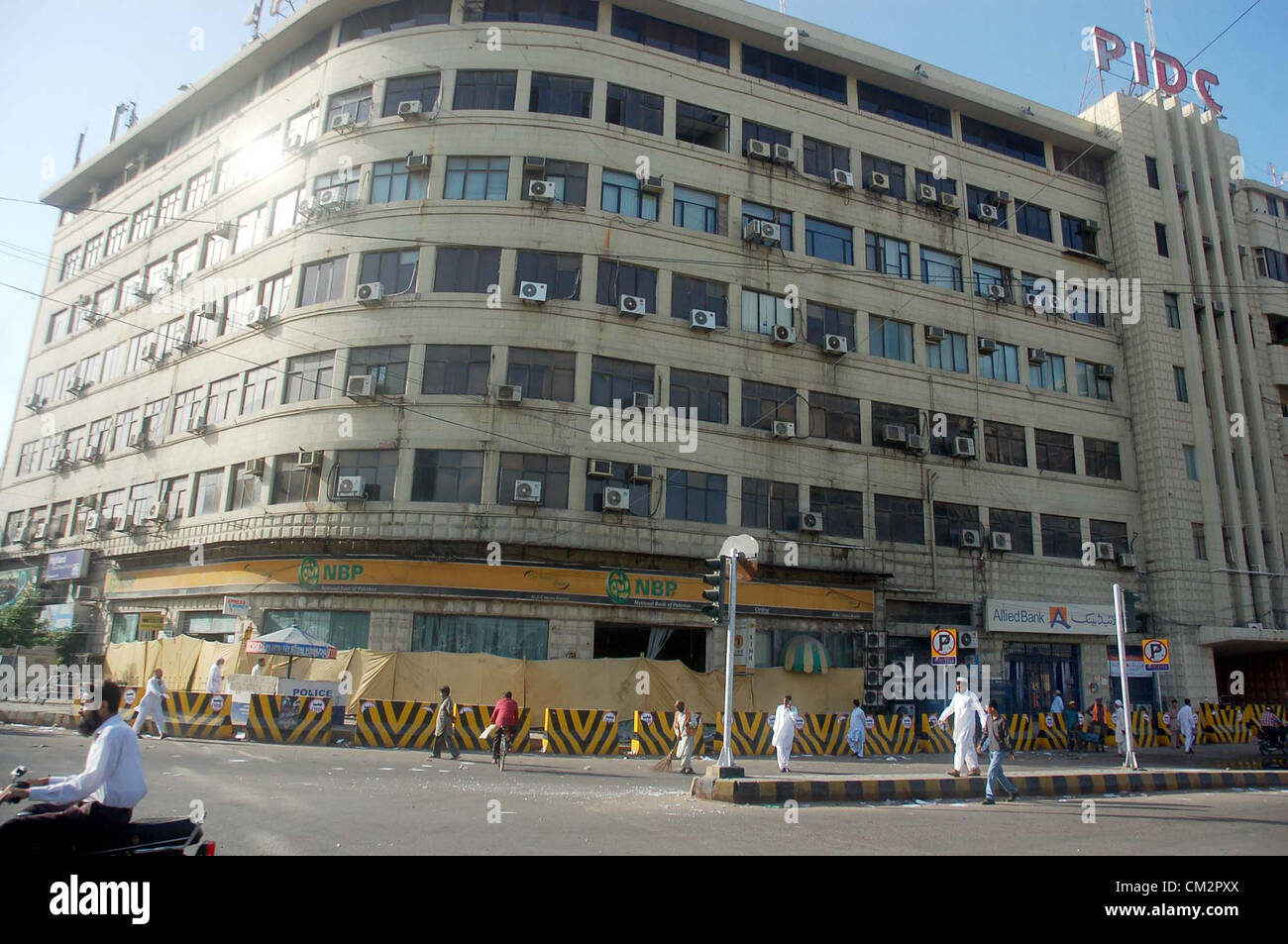 View of a burnt and destroyed local bank at PIDC area in Karachi which ...