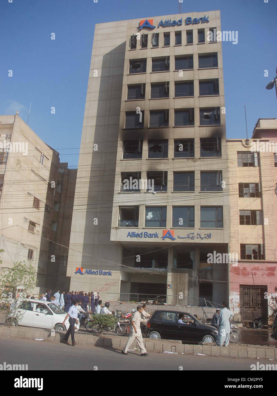 View of a burnt and destroyed local bank at Tower area in Karachi which ...