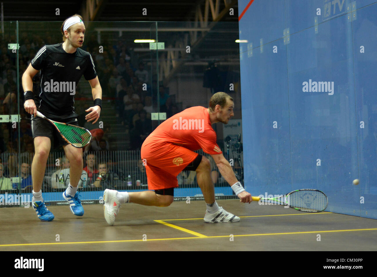 Gregory Gaultier (France) world-ranked number 3 plays a backhand return ...