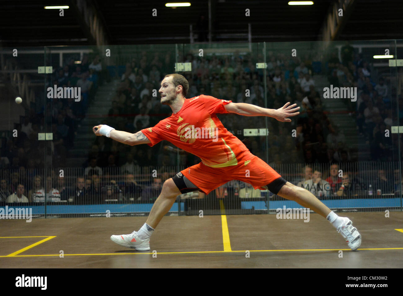 Gregory Gaultier (France) world-ranked number 3 plays a forehand return ...