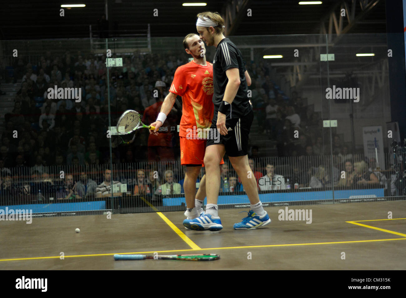 Gregory Gaultier (France) world-ranked number 3 discuuses a point with ...