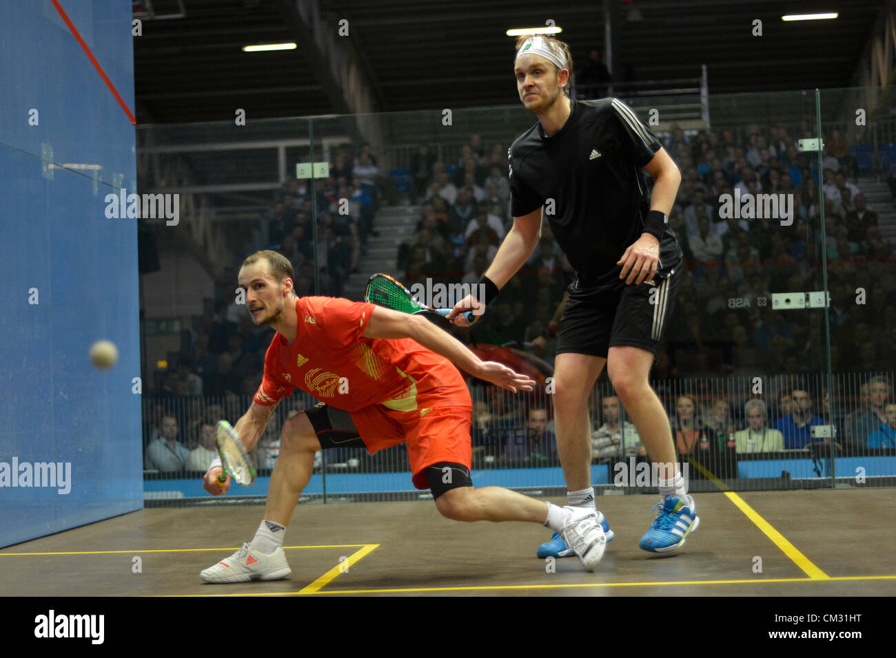 Gregory Gaultier (France) world-ranked number 3 plays a forehand return ...