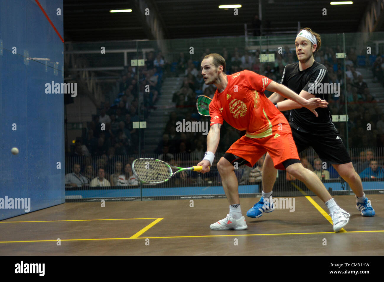 Gregory Gaultier (France) world-ranked number 3 plays a forehand return ...