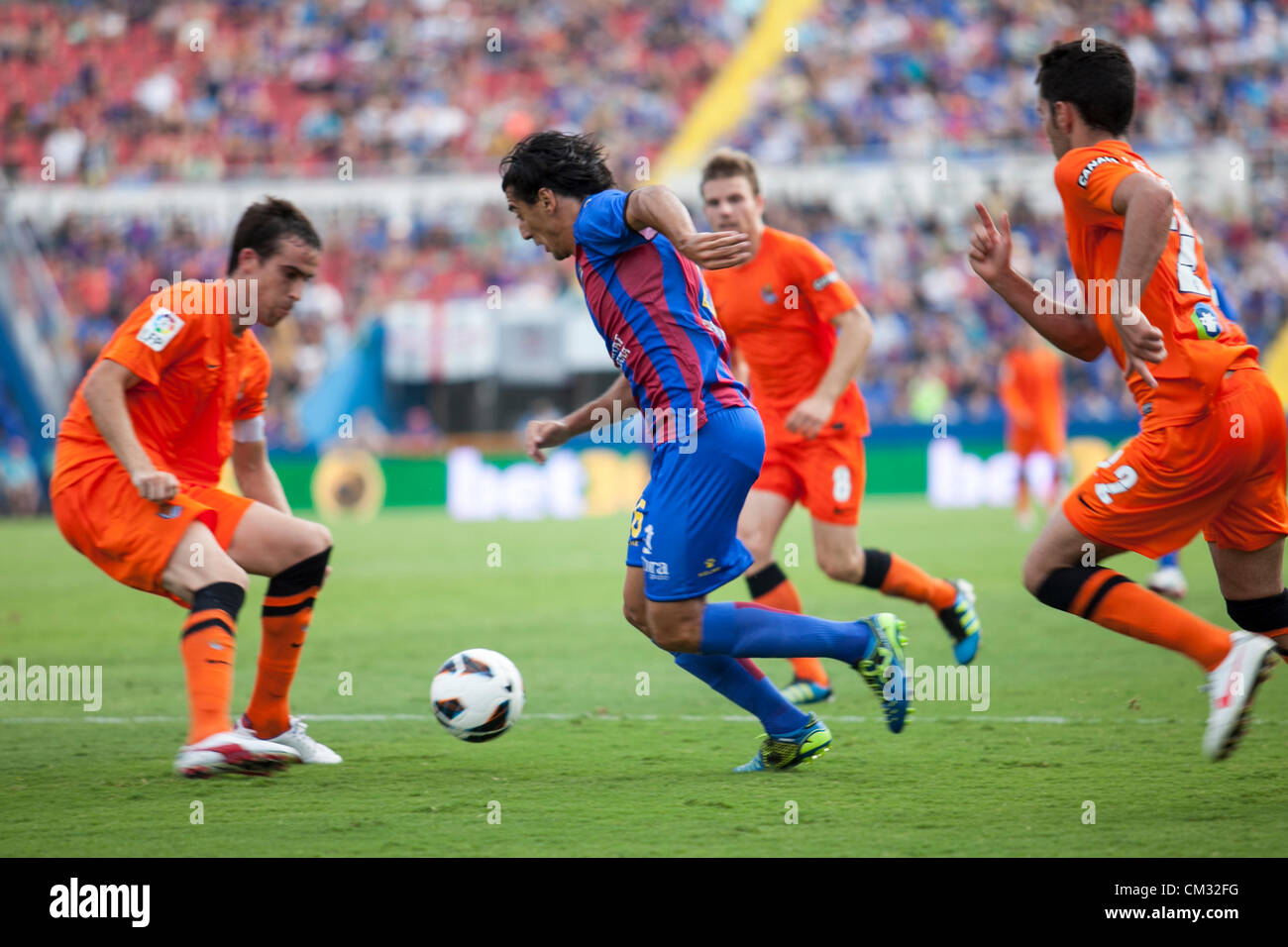 23.09.2012 Valencia, Spain. Levante´s player A.J. Rios Surrounded by ...