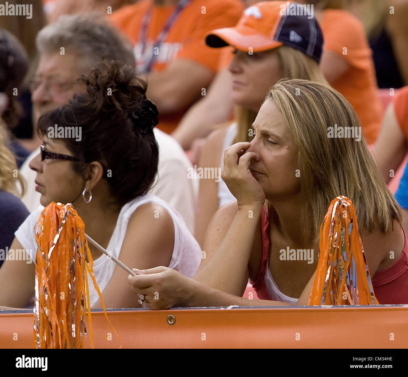 Sept. 23, 2012 - Denver, CO, USA - A Broncos fan in the stands shows ...