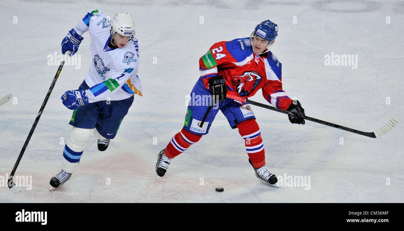 Jiri Hudler (right) of Lev Praha and Roman Savchenko of Astana during ...