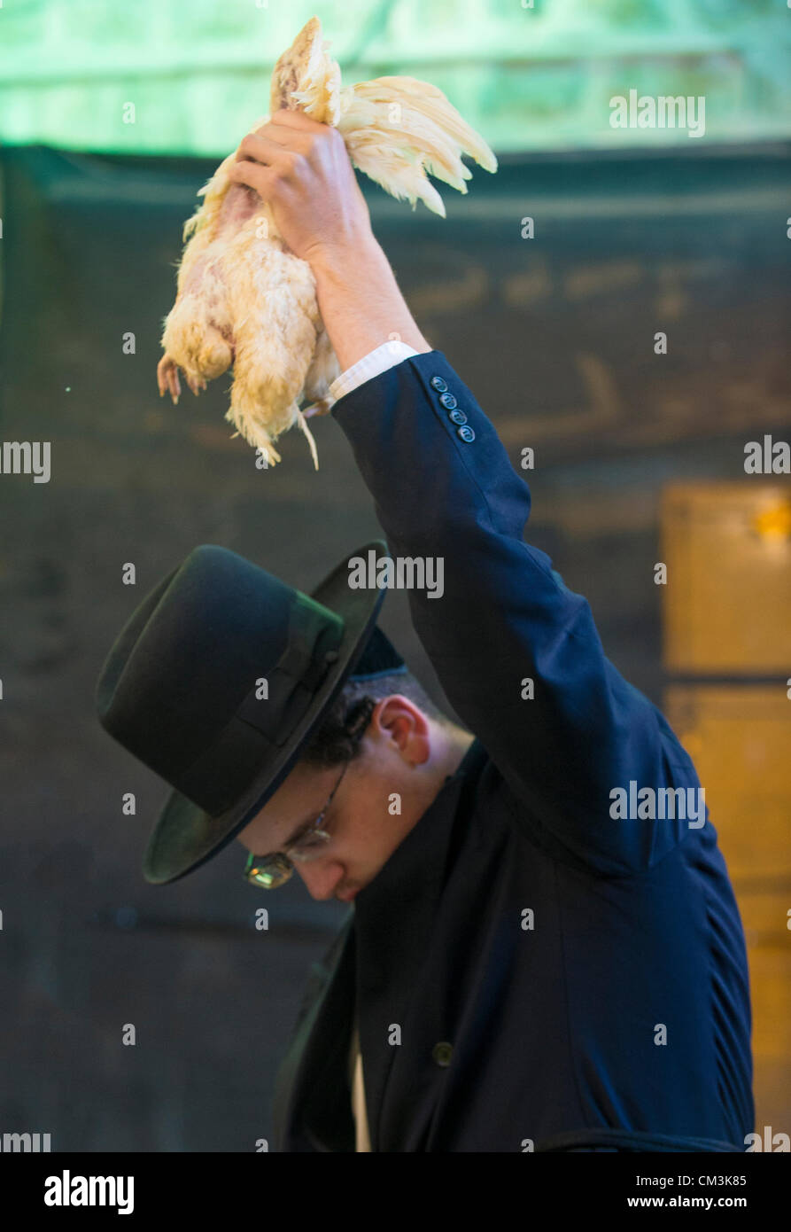 An ultra Orthodox Jewish man waves a chicken over his head during the ...
