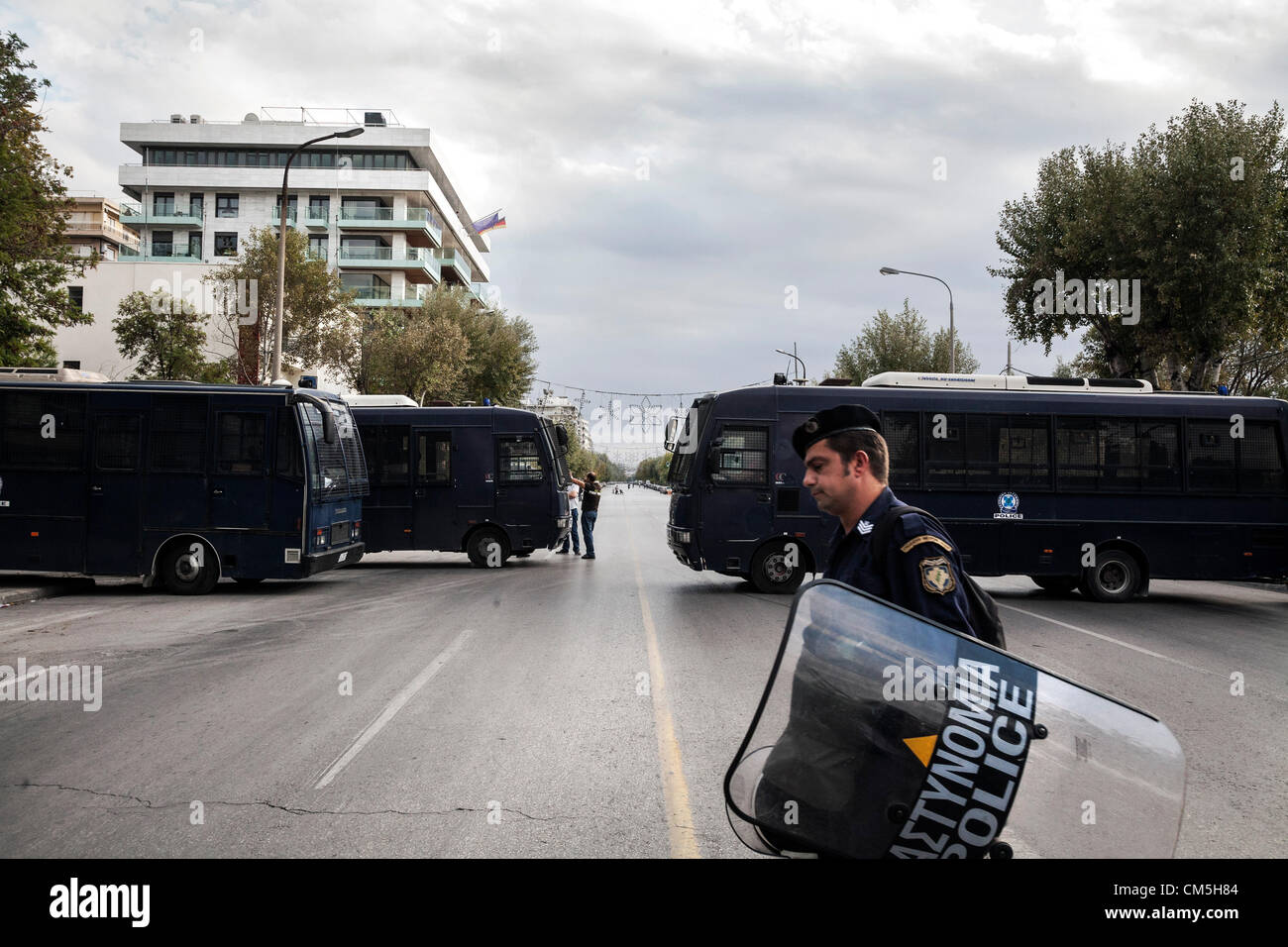 9th October 2012. Thessaloniki, Greece. Strong police force, blocked ...
