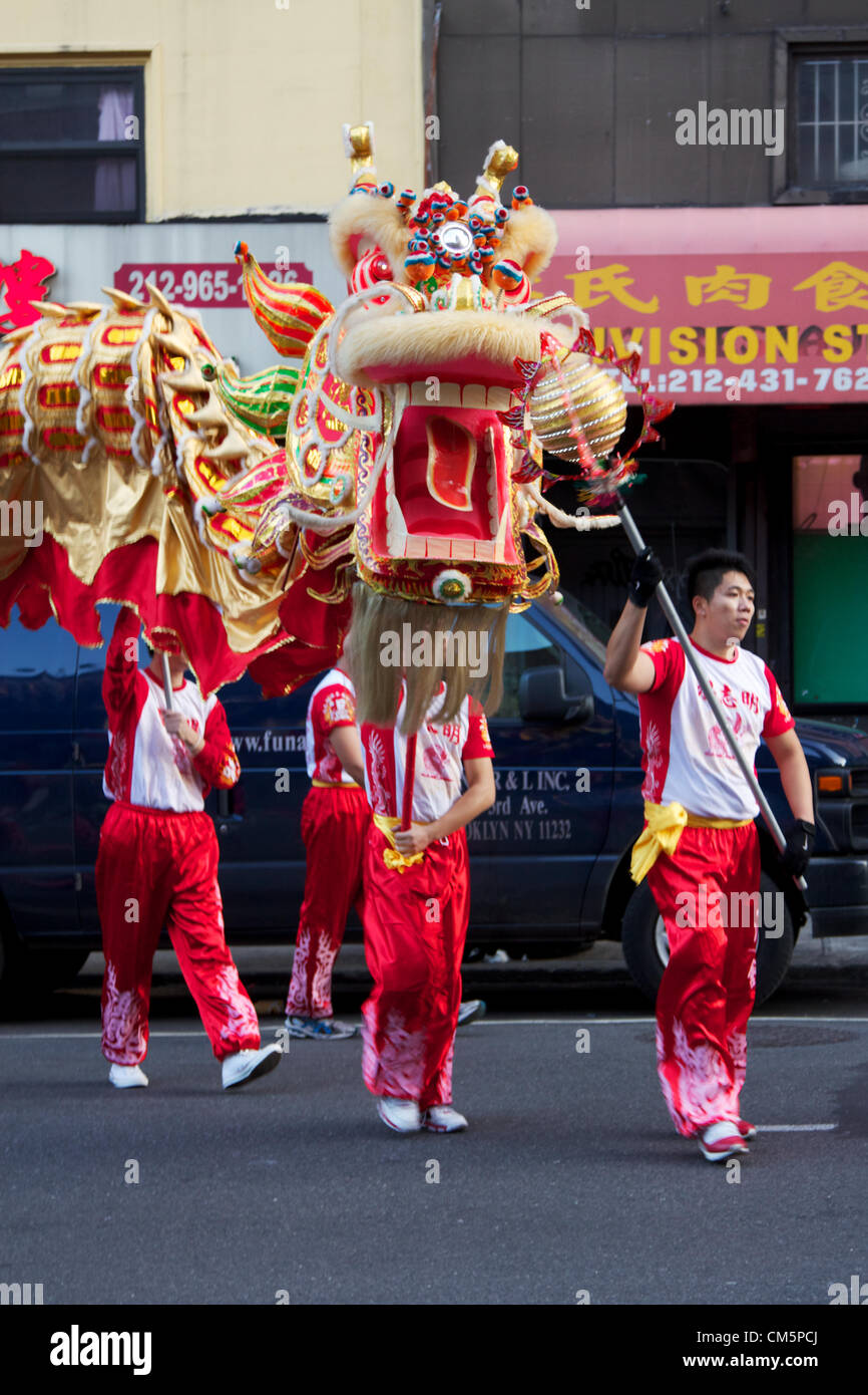 New York, NY, USA - October 10, 2012: Traditional dragon performers at the Taiwanese National ...