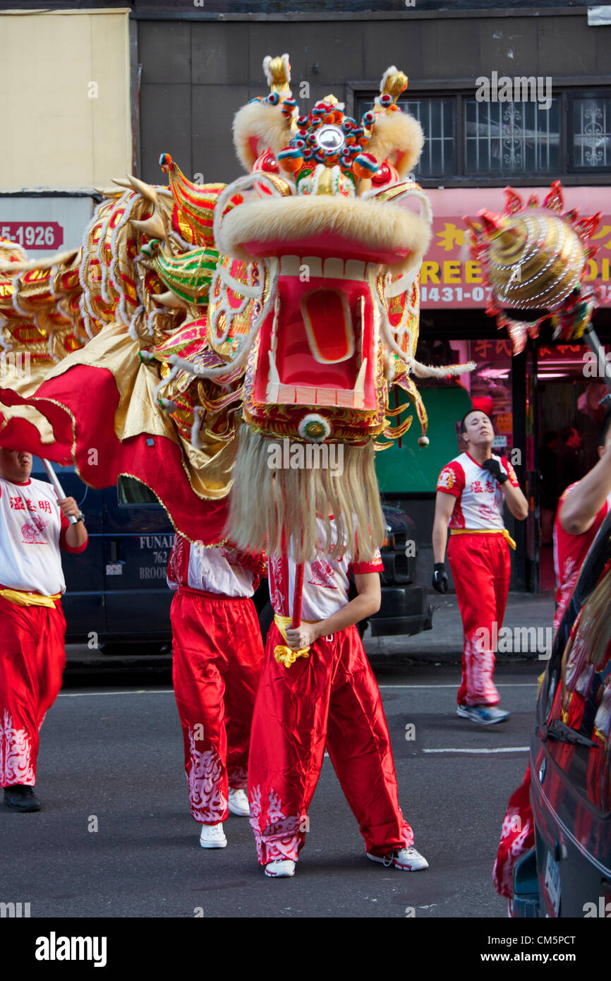 New York, NY, USA - October 10, 2012: Traditional dragon performers at the Taiwanese National ...