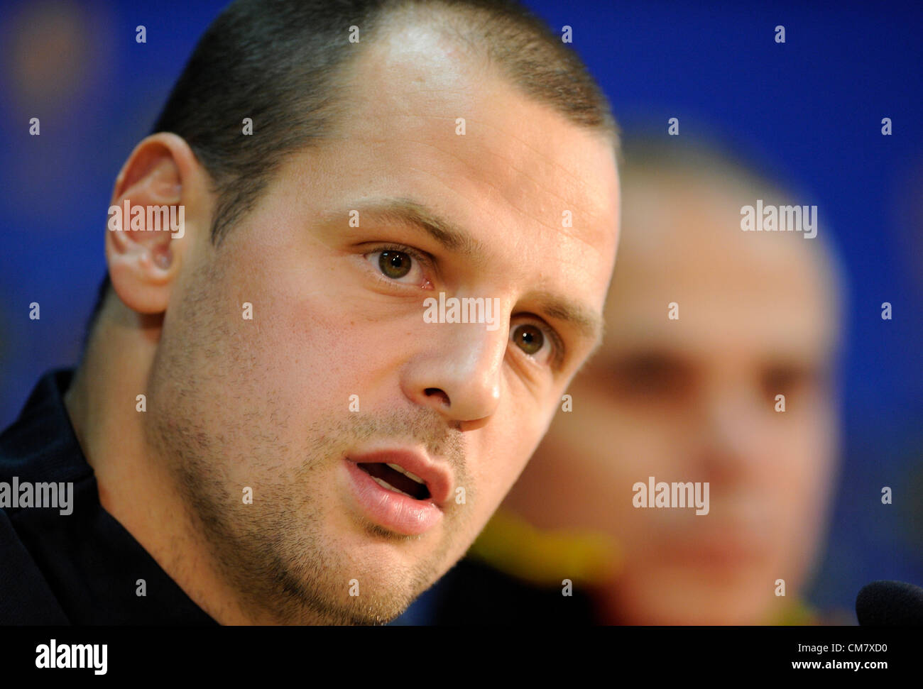 Captain of Sparta Marek Matejovsky speaks during the press conference ...