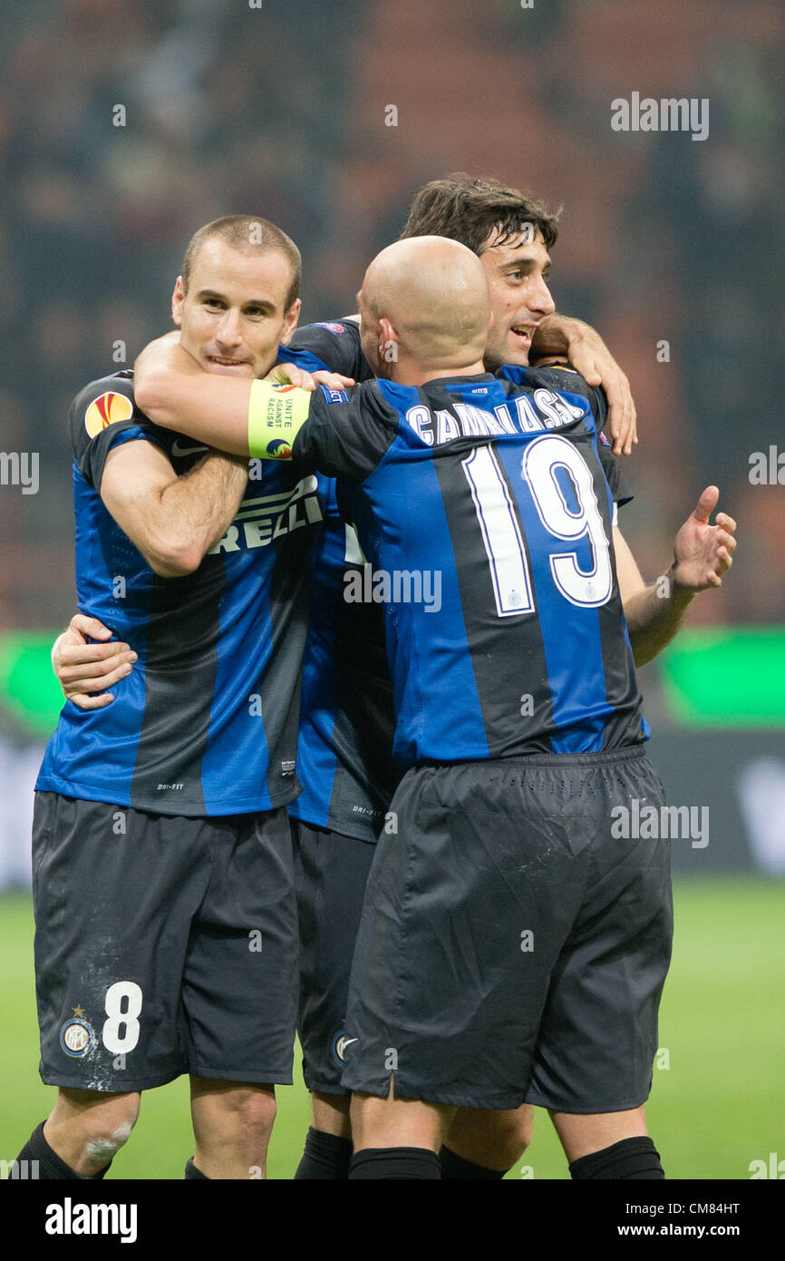 Milan, Italy. (L-R) Rodrigo Palacio, Esteban Cambiasso, Diego Milito ...