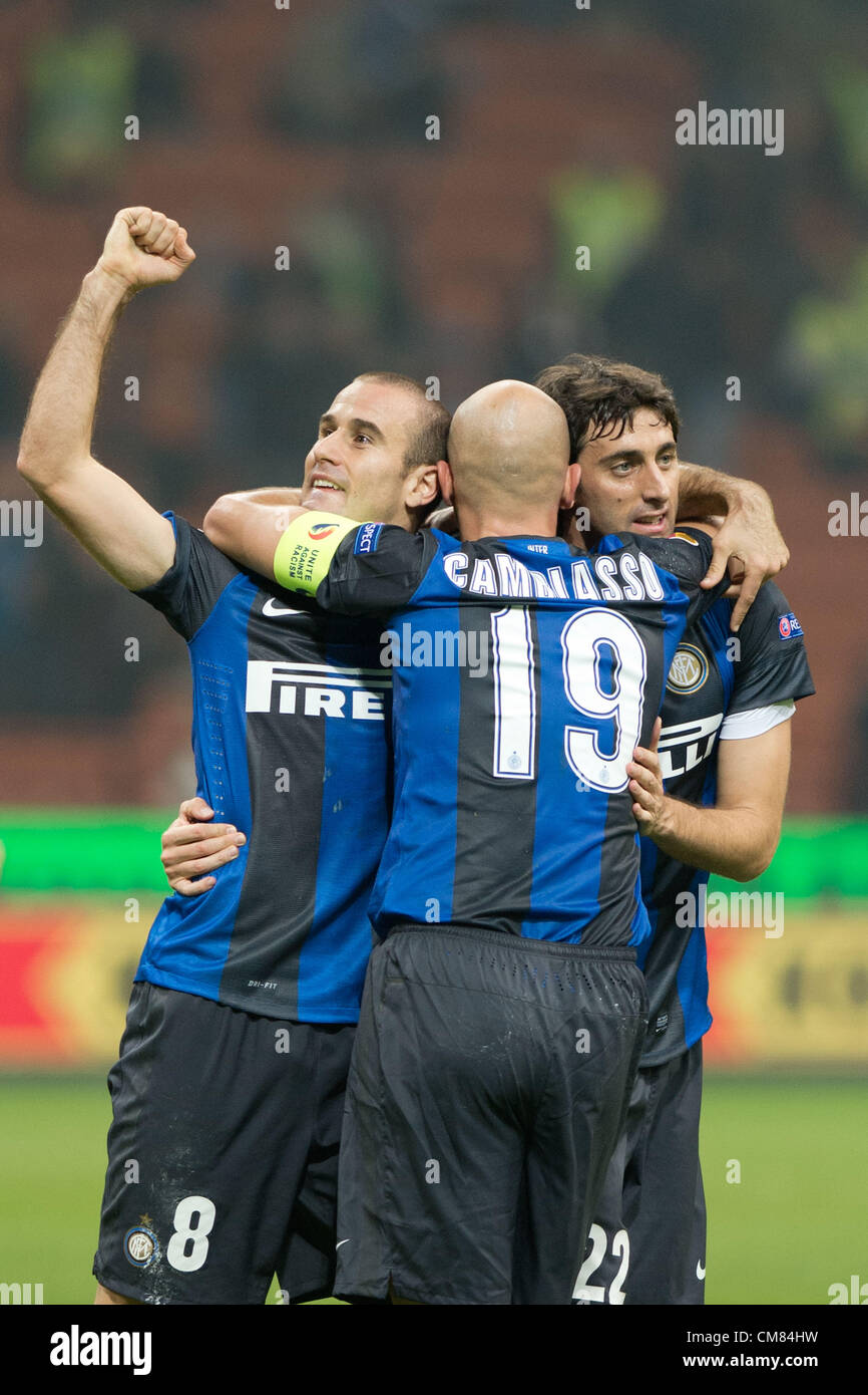 Milan, Italy. (L-R) Rodrigo Palacio, Esteban Cambiasso, Diego Milito ...