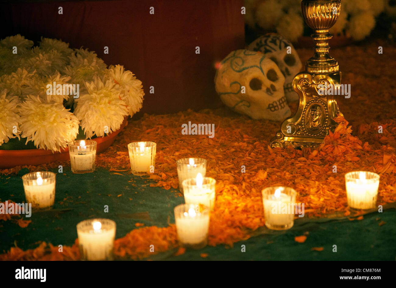 Ofrenda - Altar offering - Detail Of calavera (skull) and candles ...