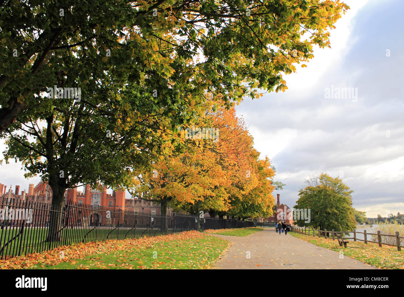 Colourful trees line the River Thames path beside Hampton Court Palace ...