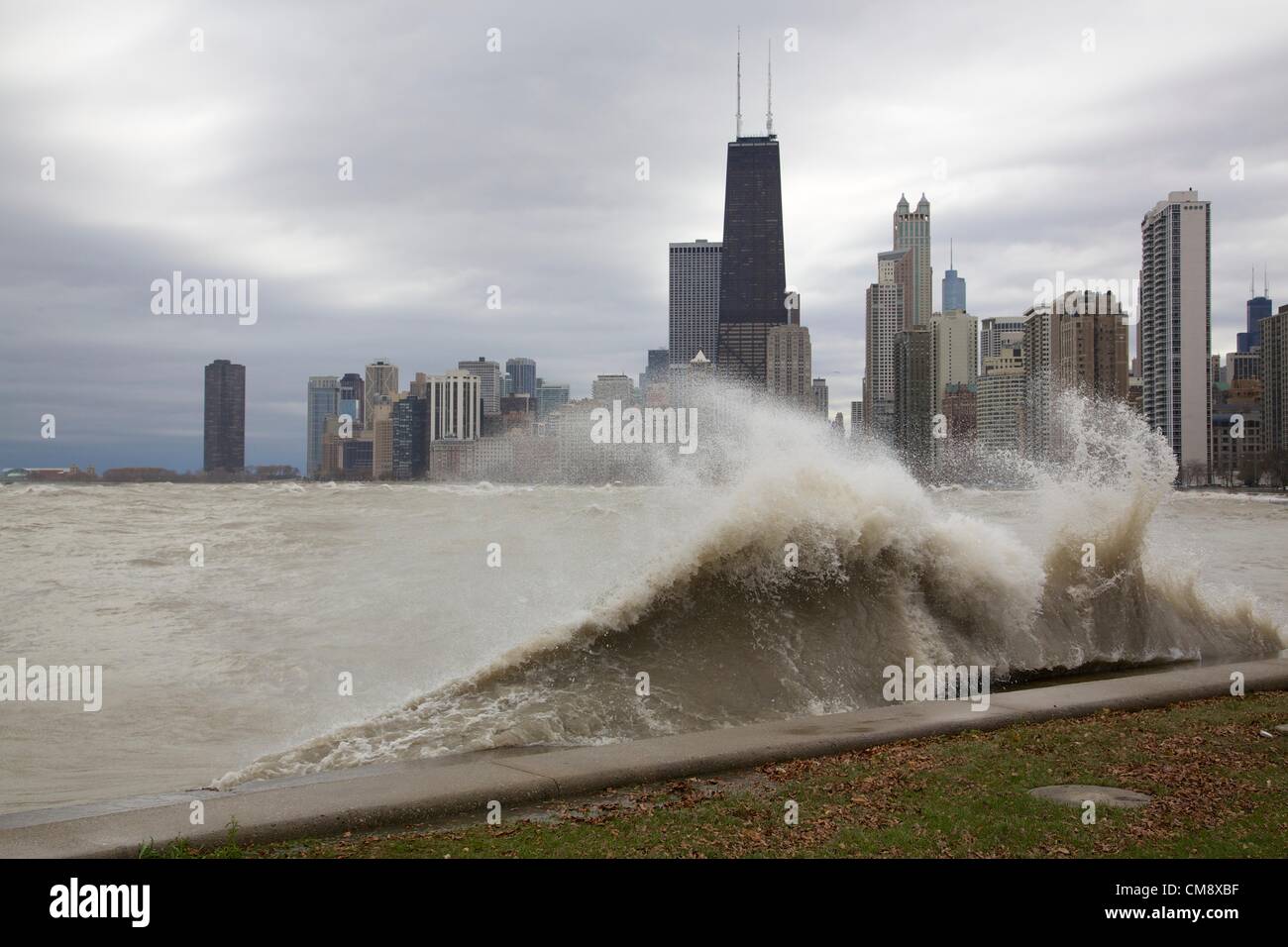 Chicago, Illinois. 30th October, 2012. A large wave crashes into the ...