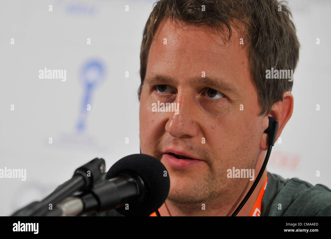 Actor Henrik Rafaelsen speaks to the media before the screening of his ...