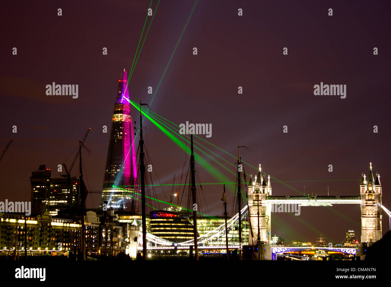 Lasers and lights flow from The Shard building, London, UK on Thursday ...