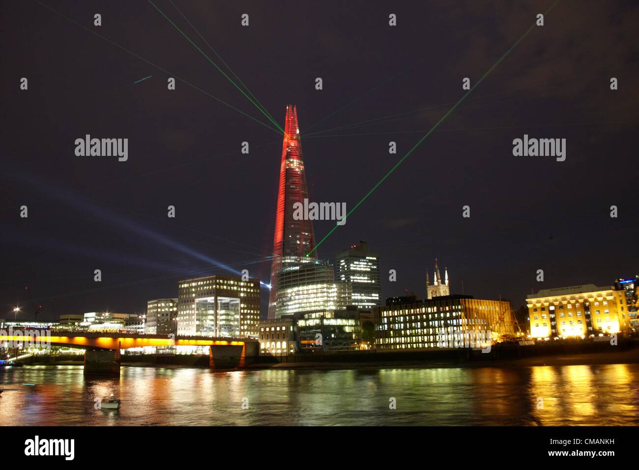 London UK. Thursday 5th July 2012. Twelve lasers and 30 searchlights ...