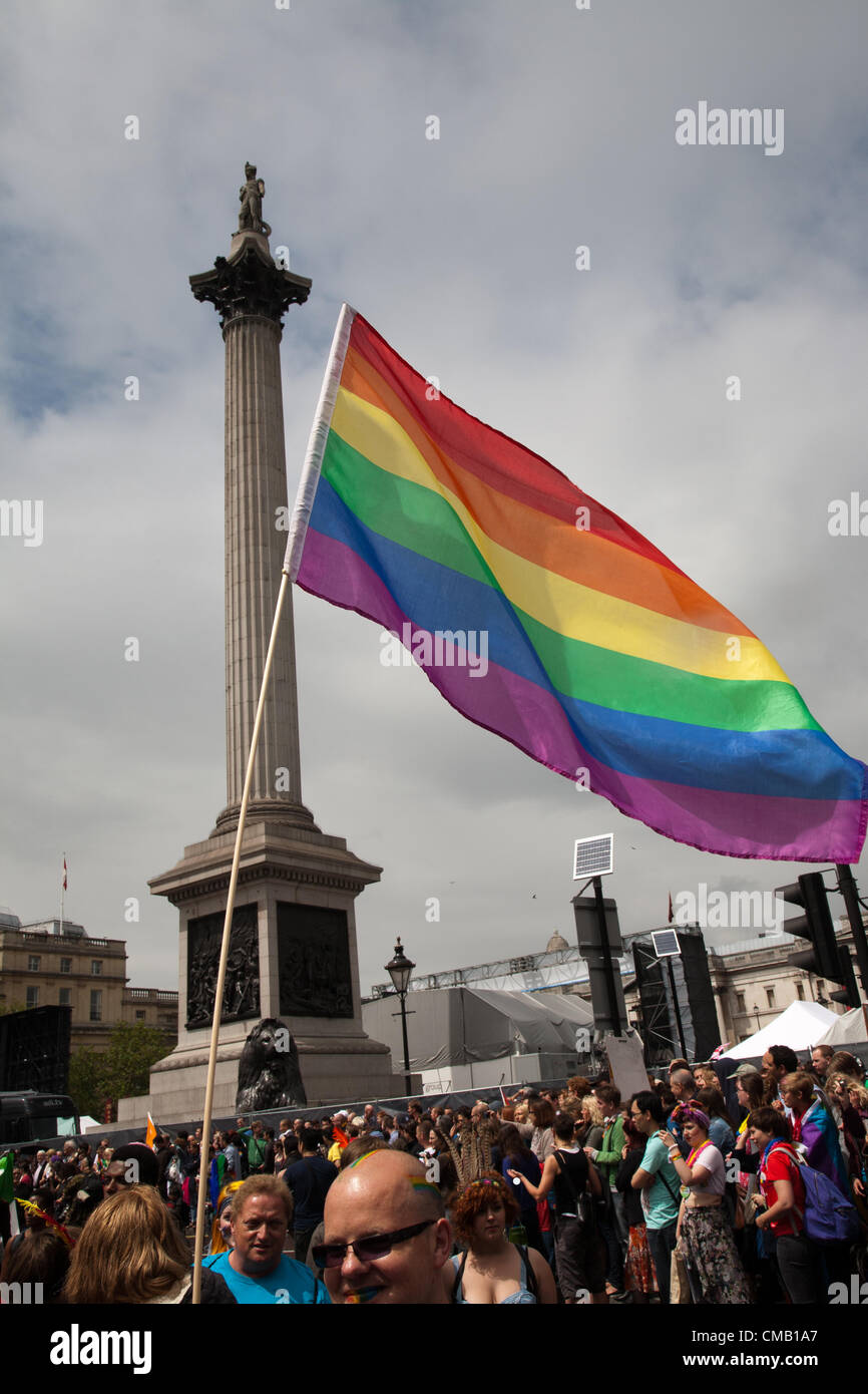 Rainbow flag flying at Trafalgar Square during world pride London Stock ...