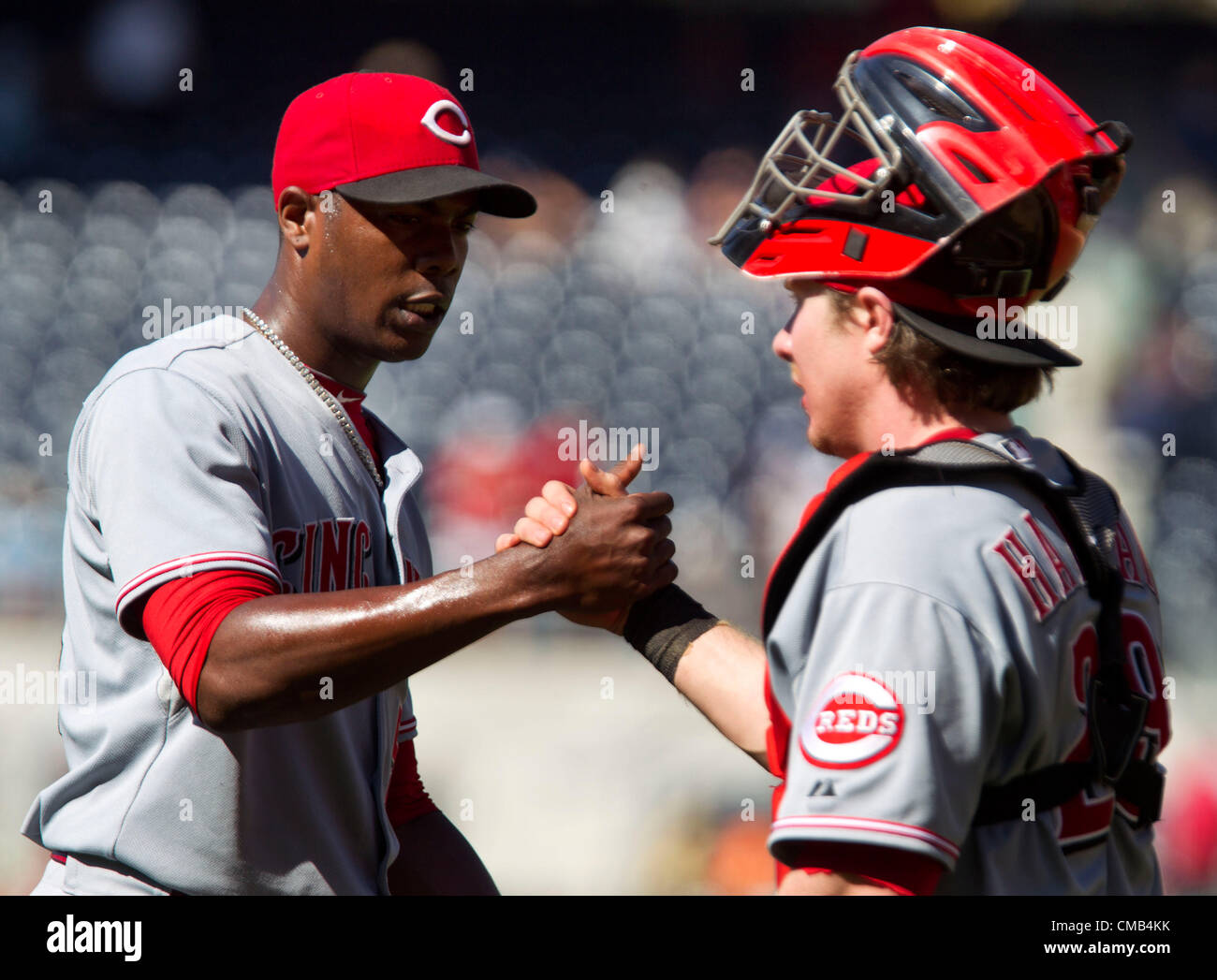 July 8, 2012 - Cincinnati's closing pitcher Aroldis Chapman and catcher ...
