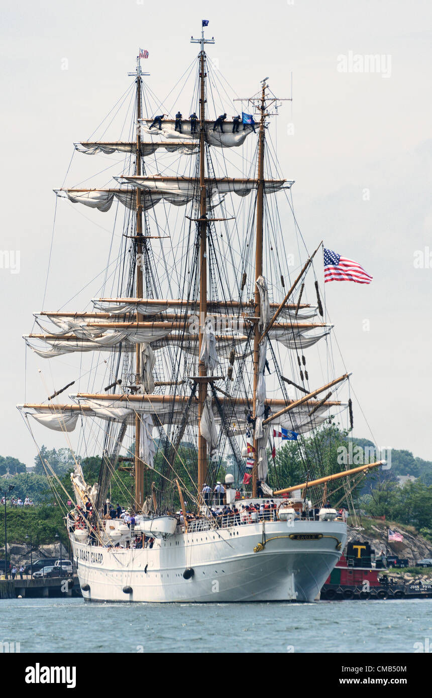 US Coast Guard cadets furl the sails on America's tall ship Eagle, a ...