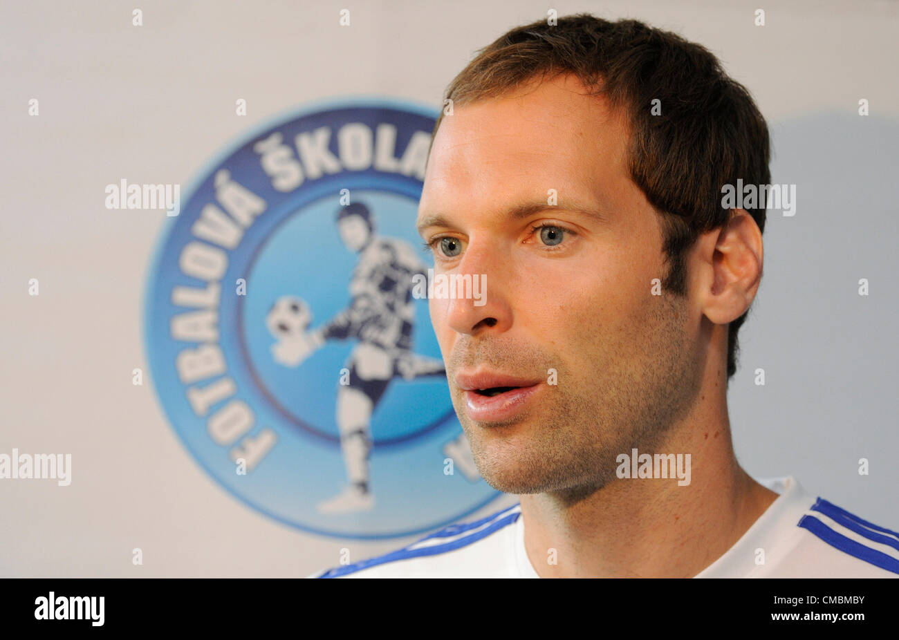 Petr Cech, goalkeeper of Chelsea, speaks during the press conference ...