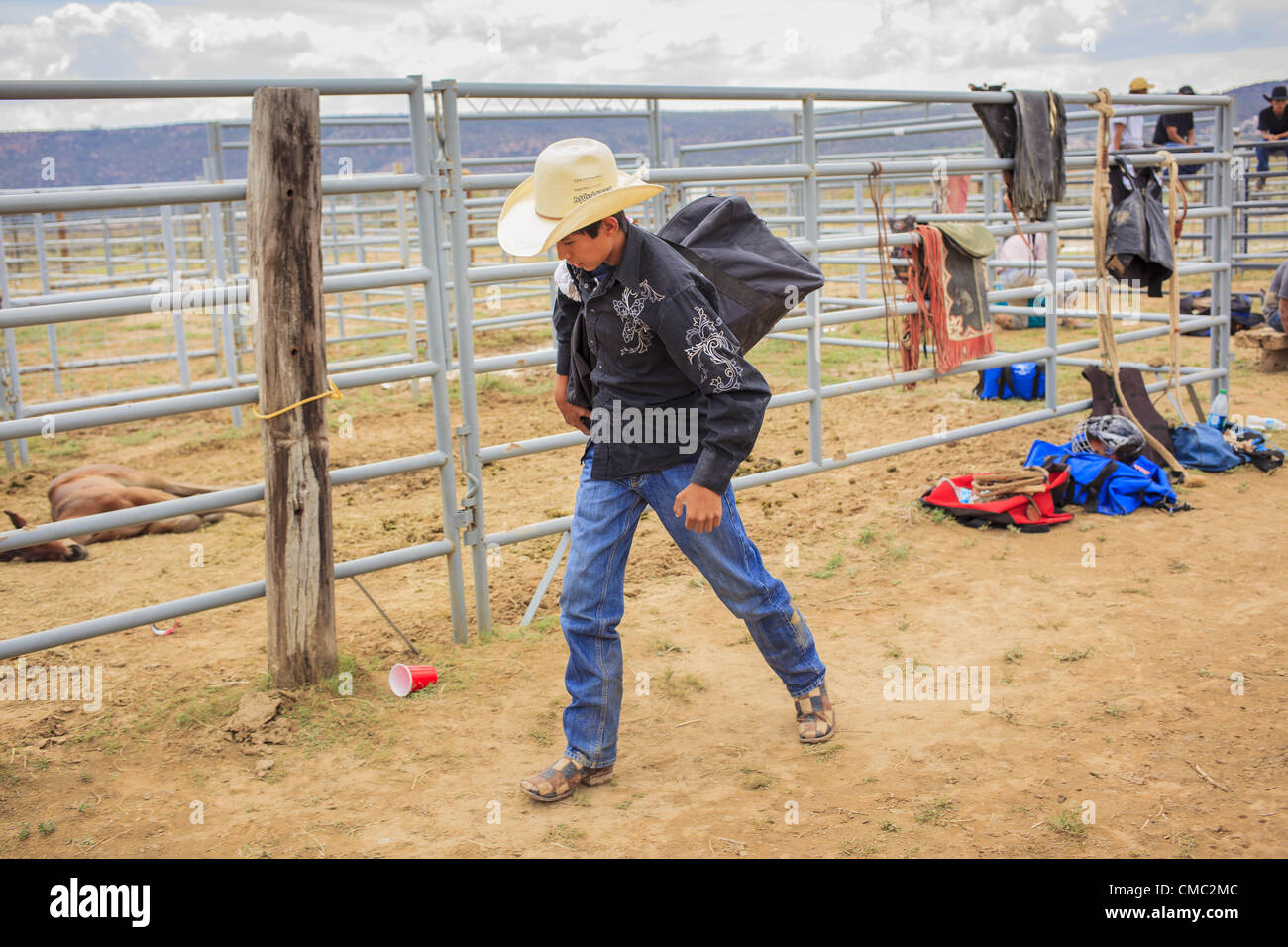July 14, 2012 - Oak Springs, Arizona, U.S - A bull riding student walks ...