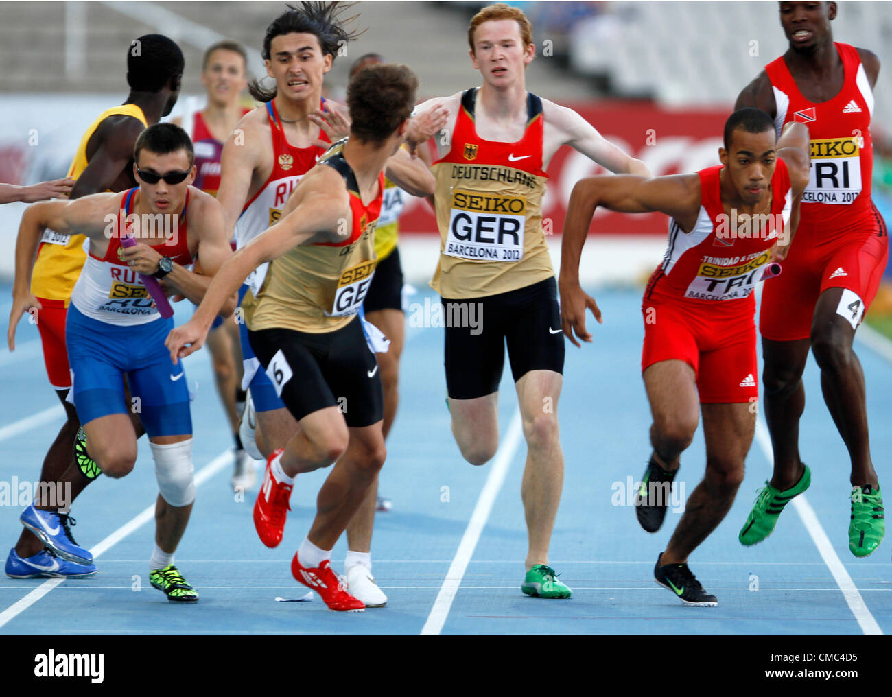 14.07.2012 Barcelona, Spain. 4x400 Metres Relay for Men handover during ...