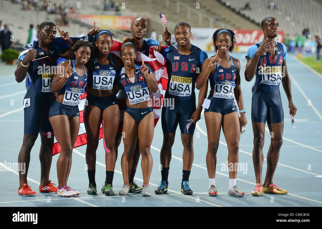 BARCELONA, Spain: Saturday 14 July 2012, the 4x100m relay teams from ...
