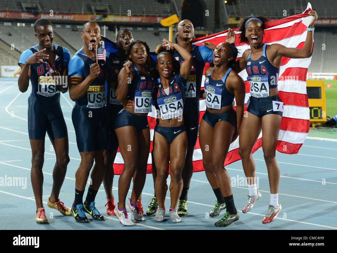 BARCELONA, Spain: Saturday 14 July 2012, the 4x100m relay teams from ...