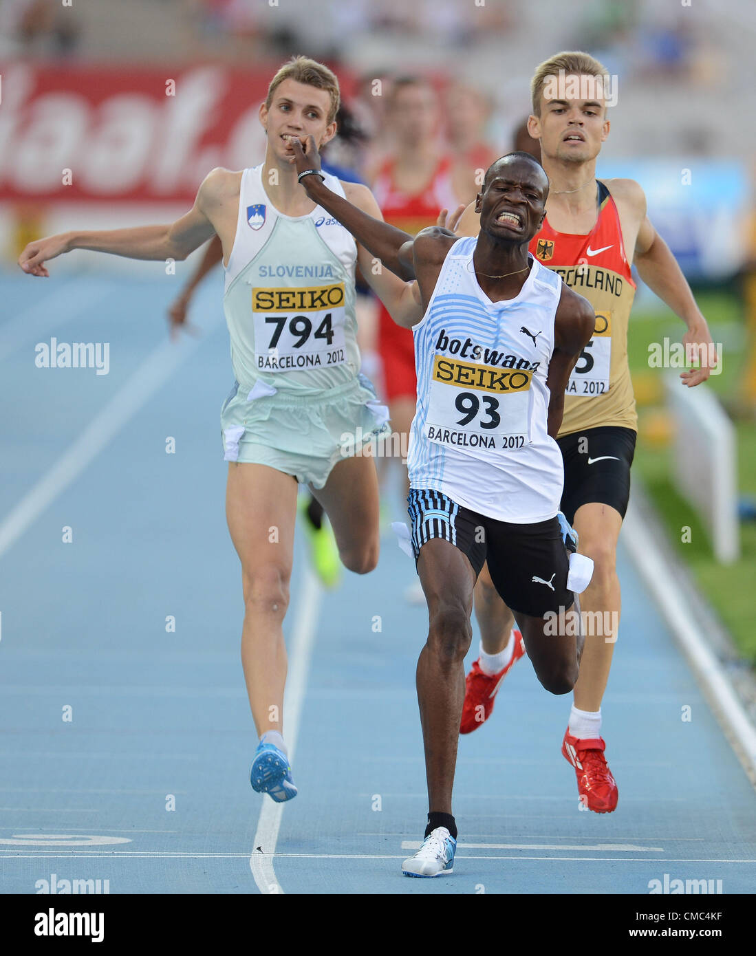 BARCELONA, Spain: Saturday 14 July 2012, Nigel Amos of Botswana hold his leg in the mens 800m ...