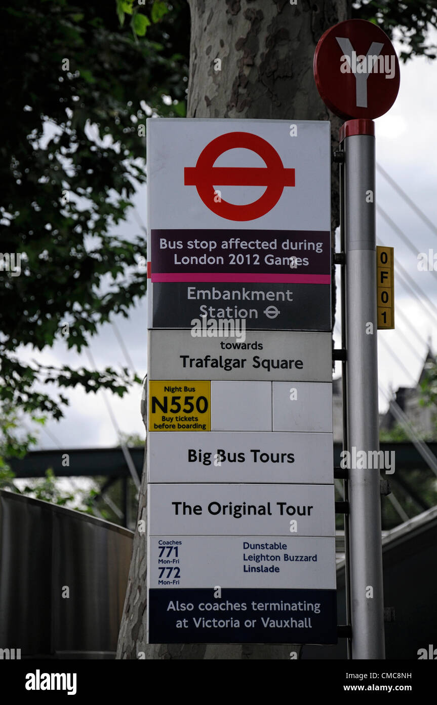 Embankment station bus stop, London, United Kingdom. Sign indicating ...
