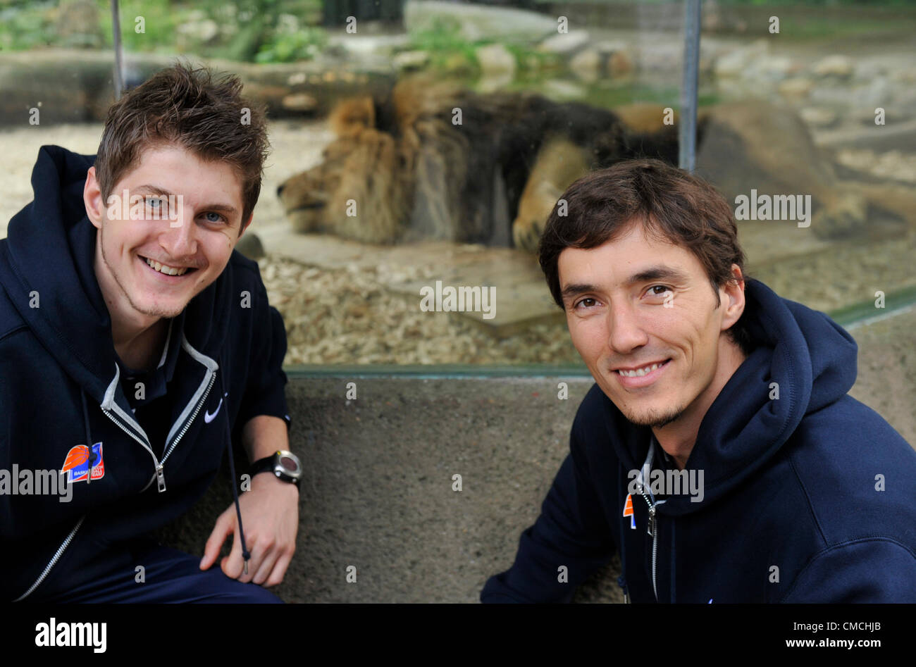 Czech basketball players Jiri Welsch, right, and Jakub Kudlacek pose ...