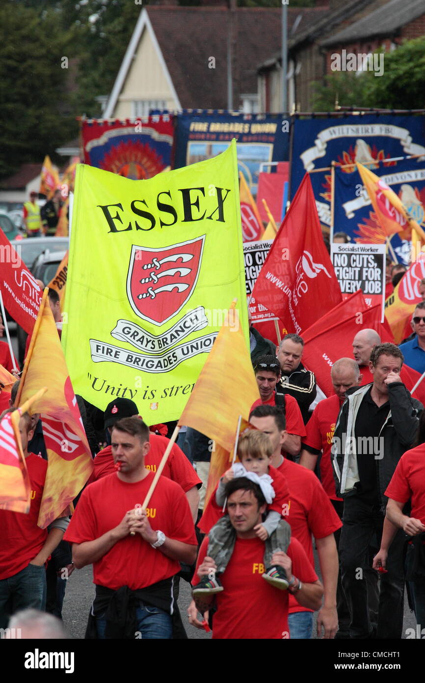 Essex, UK. 18th July 2012. Hundreds of members of the fire service ...