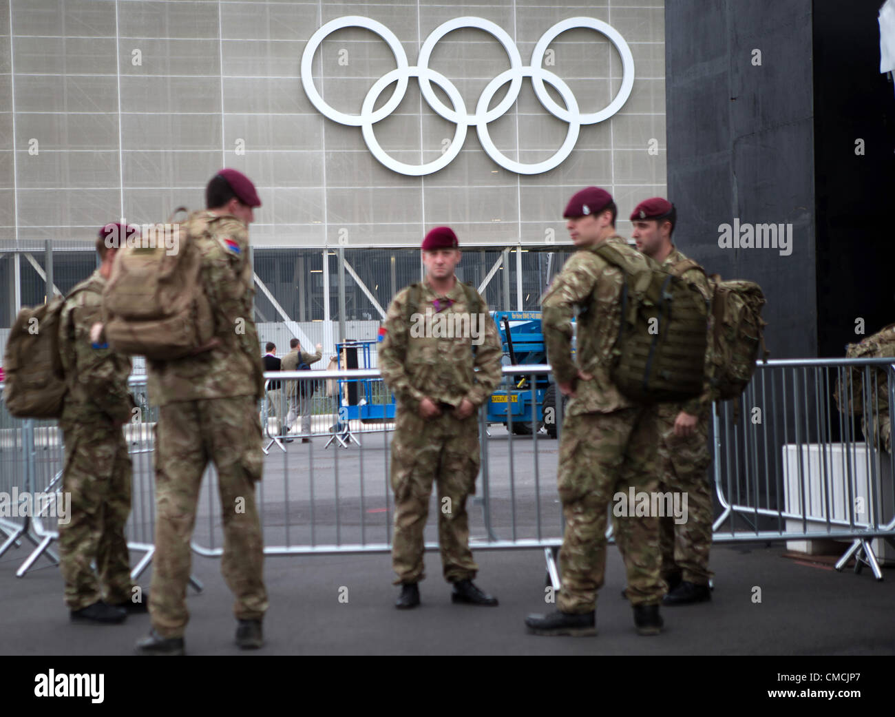 18.07.2012. London, England. Soldiers stand guard under the Olympic ...