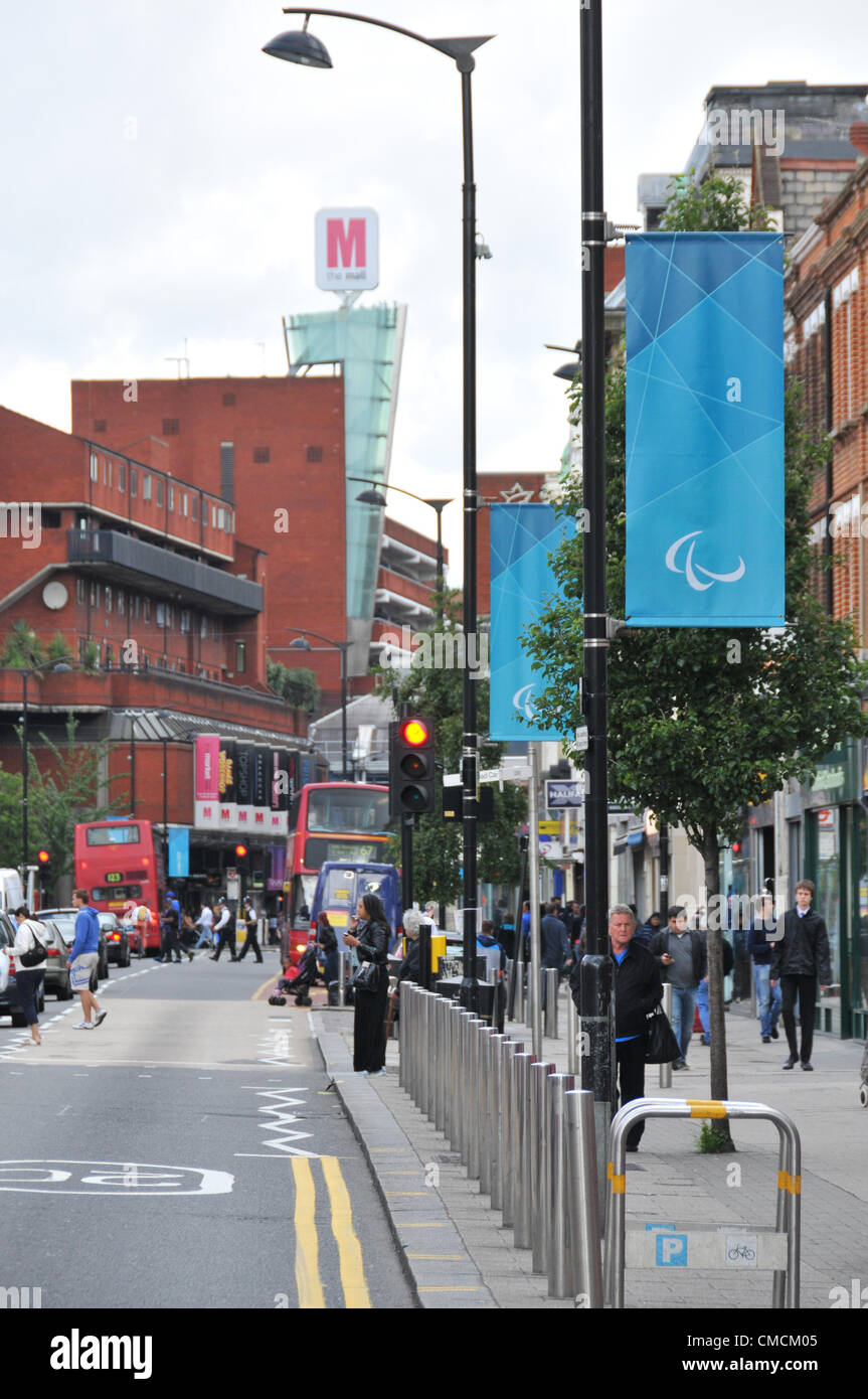 Wood Green, London, UK. The Olympic torch route through Wood Green is ...