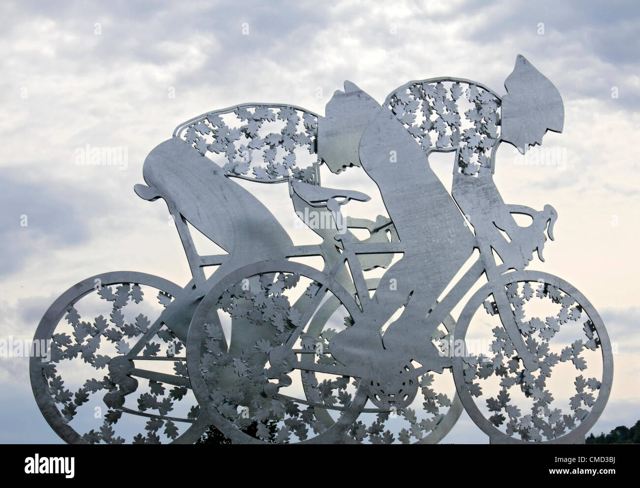Dorking Surrey UK. A steel sculpture of two cyclists designed and built ...