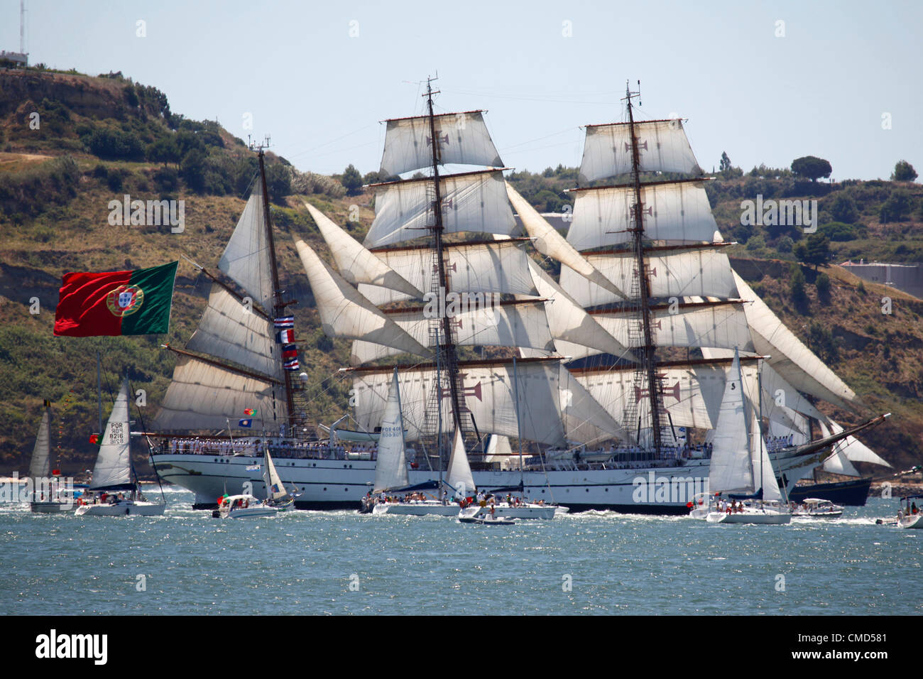 The Sagres tall ship sails on the River Tagus as it departs Lisbon ...