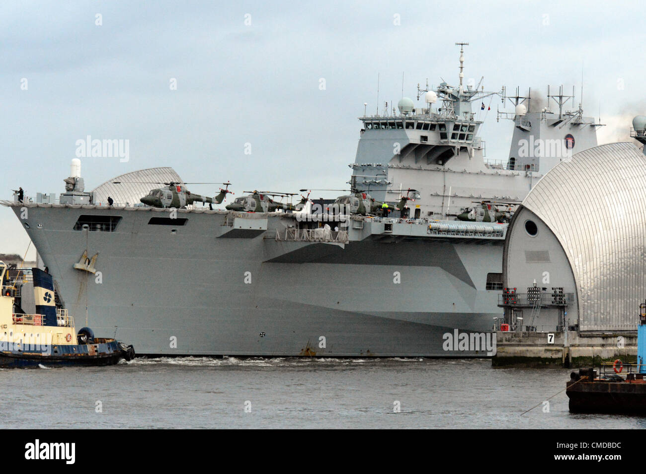 13/07/12 HMS Ocean heading towards berth at Greenwich for duration of ...