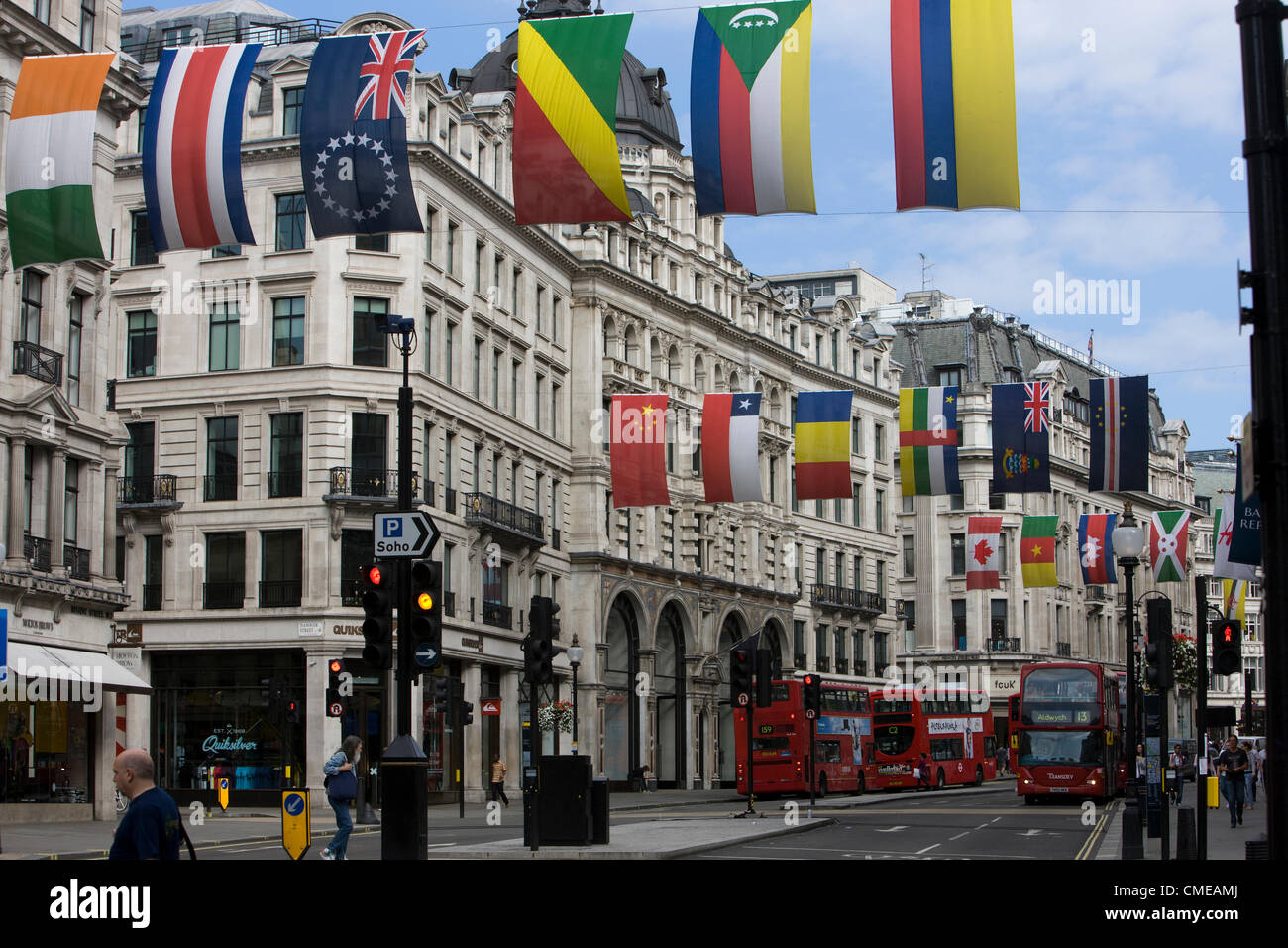 LONDON 28 July 2012. Olympic national flags hanging in Regent Street ...