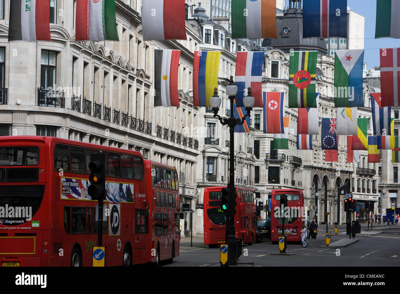 LONDON 28 July 2012. Olympic national flags hanging in Regent Street ...