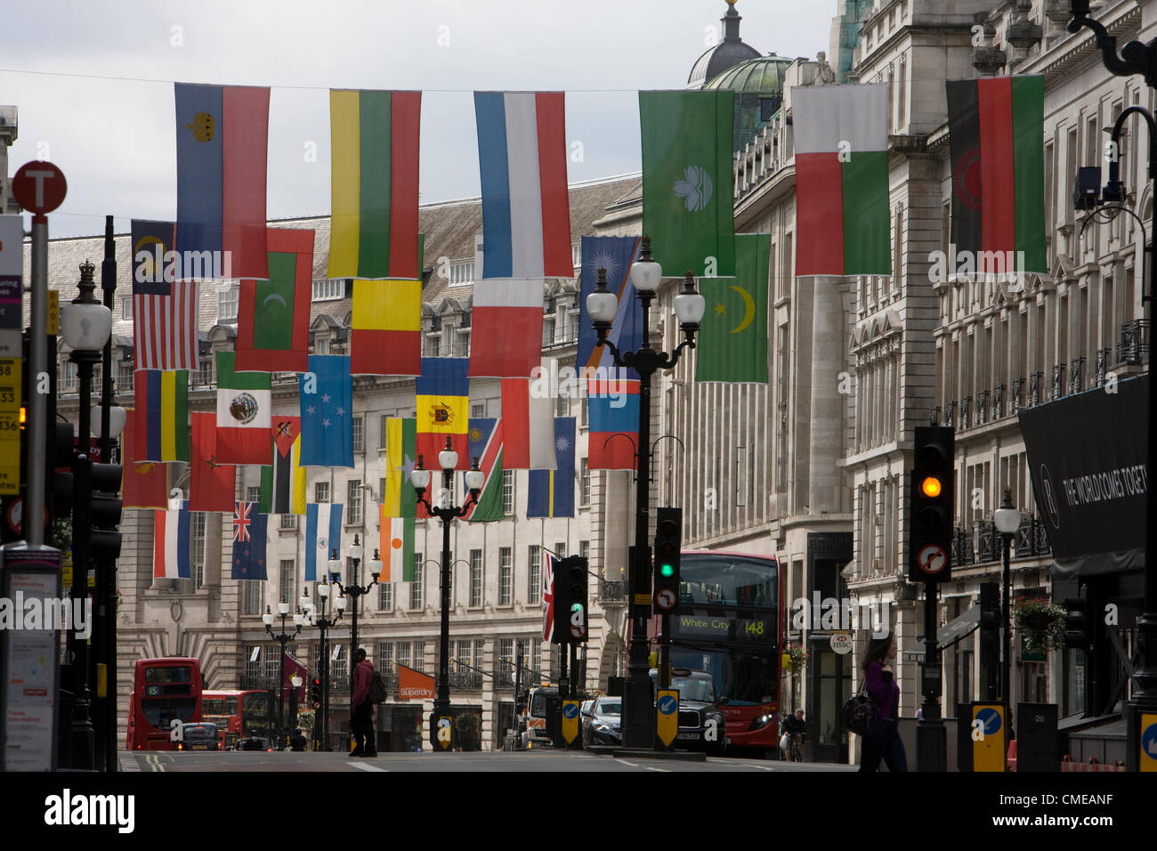 LONDON 28 July 2012. Olympic national flags hanging in Regent Street ...