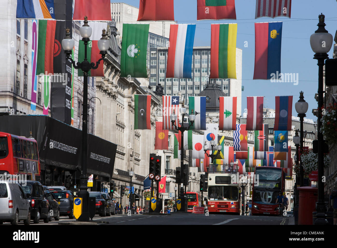 LONDON 28 July 2012. Olympic national flags hanging in Regent Street ...