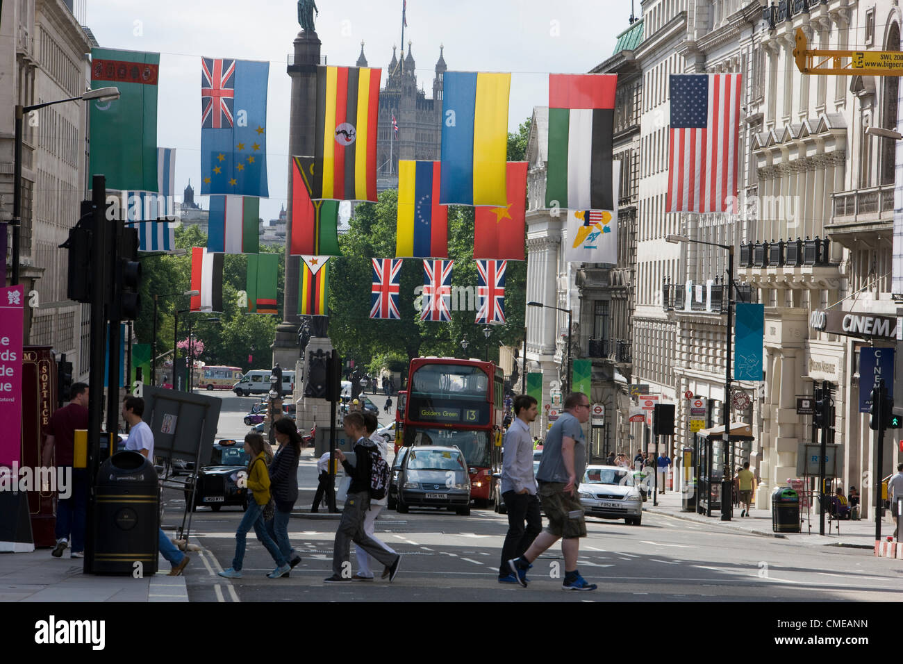 LONDON 28 July 2012. Olympic national flags hanging in Regent Street ...