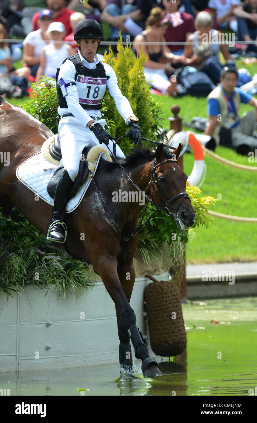 30.07.2012. Greenwich Park, London England. British eventing rider Dirk Schrade rides his horse ...