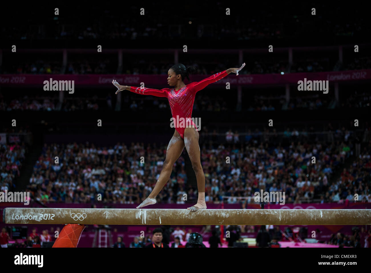 Gabrielle Douglas (USA) preforming on the balance beam during the women ...