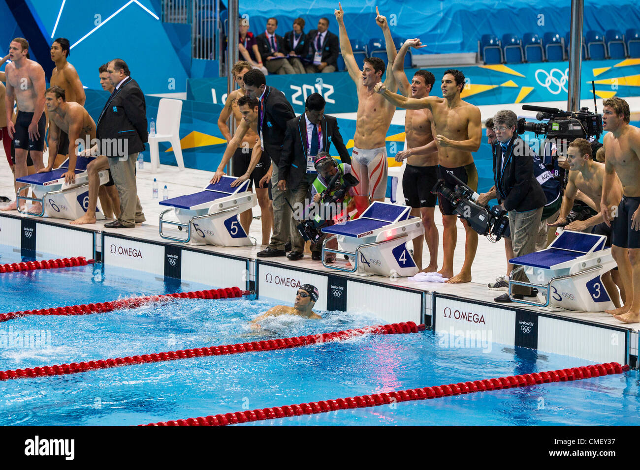 Michael Phelps (USA) competing in the Men's 4 X 200 meter Freestyle ...