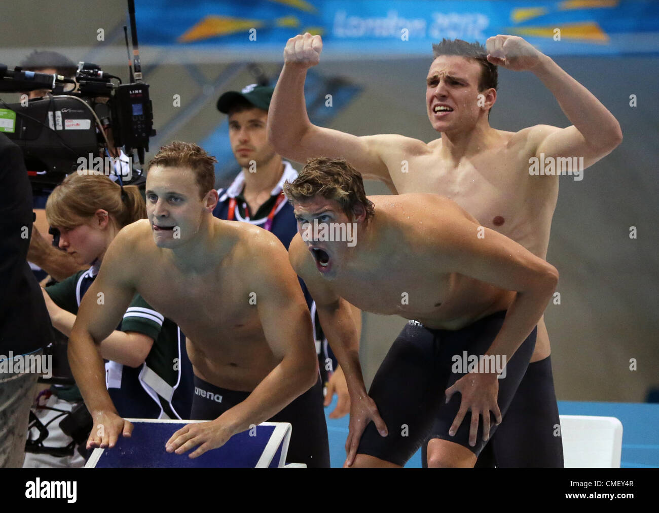 31.07.2012. London, England. Germany's Dimitri Colupaev, Tim Wallburger and Paul Biedermann (L-R ...
